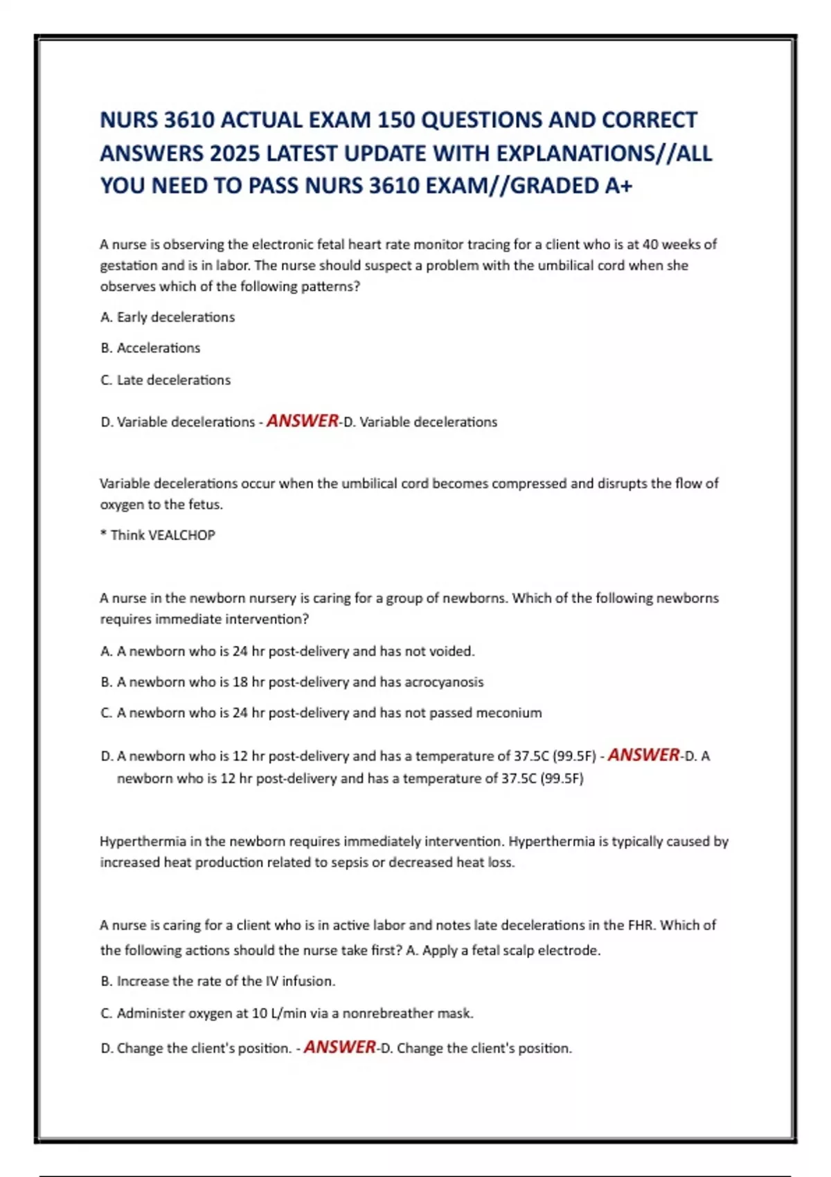 NURS 3610 ACTUAL EXAM 150 QUESTIONS AND CORRECT ANSWERS 2025 LATEST ...