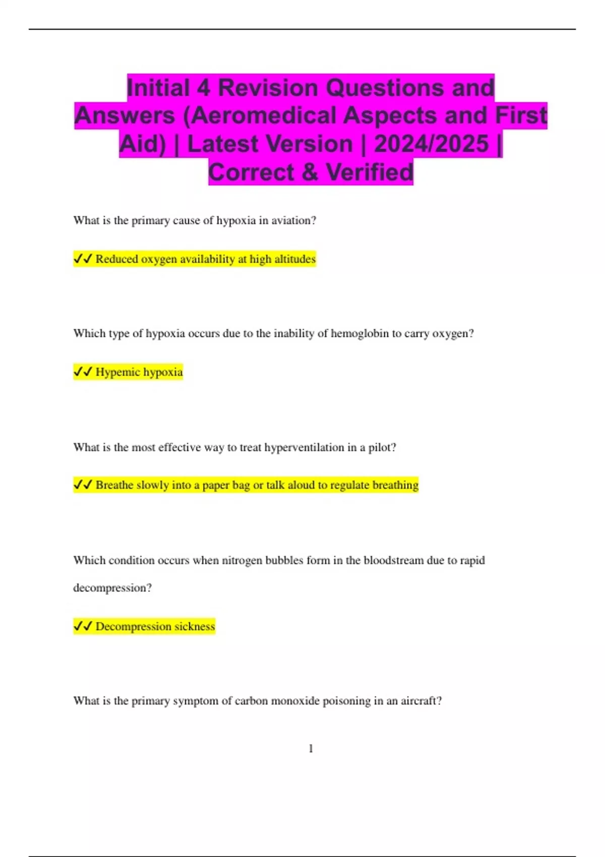Initial 4 Revision Questions and Answers (Aeromedical Aspects and First ...