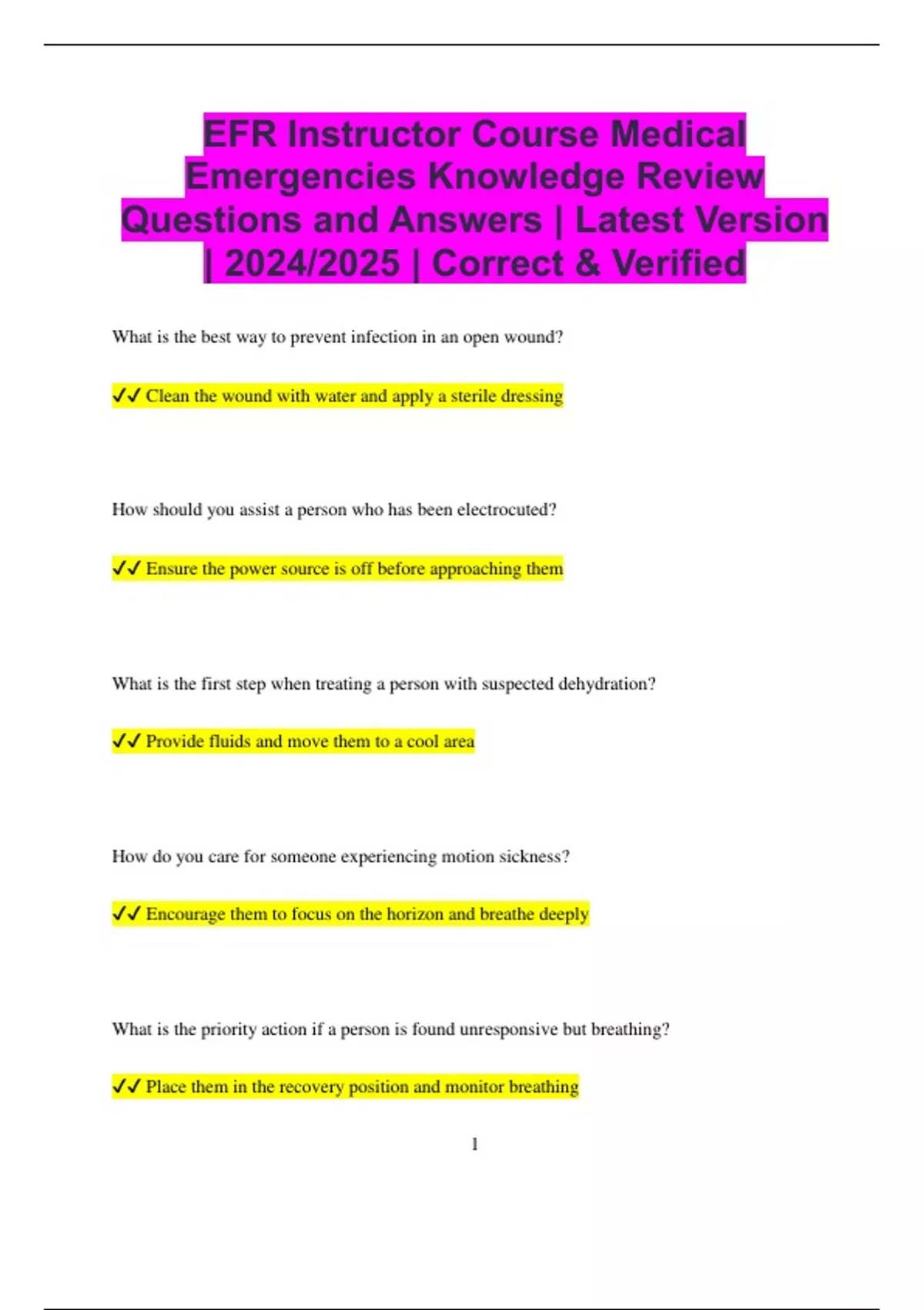 EFR Instructor Course Medical Emergencies Knowledge Review Questions ...