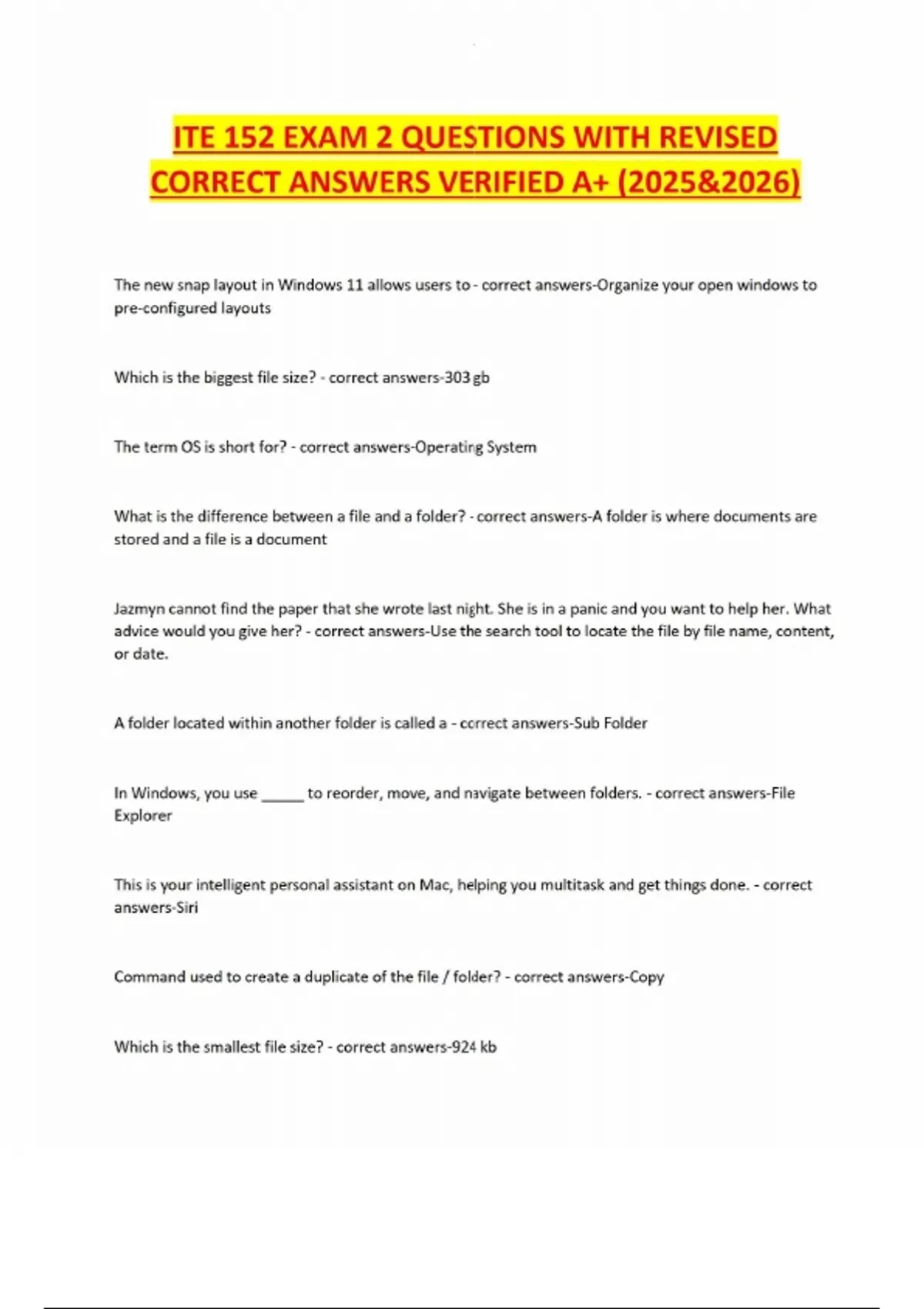 ITE 152 EXAM 2 QUESTIONS WITH REVISED CORRECT ANSWERS VERIFIED A+ (2025 ...