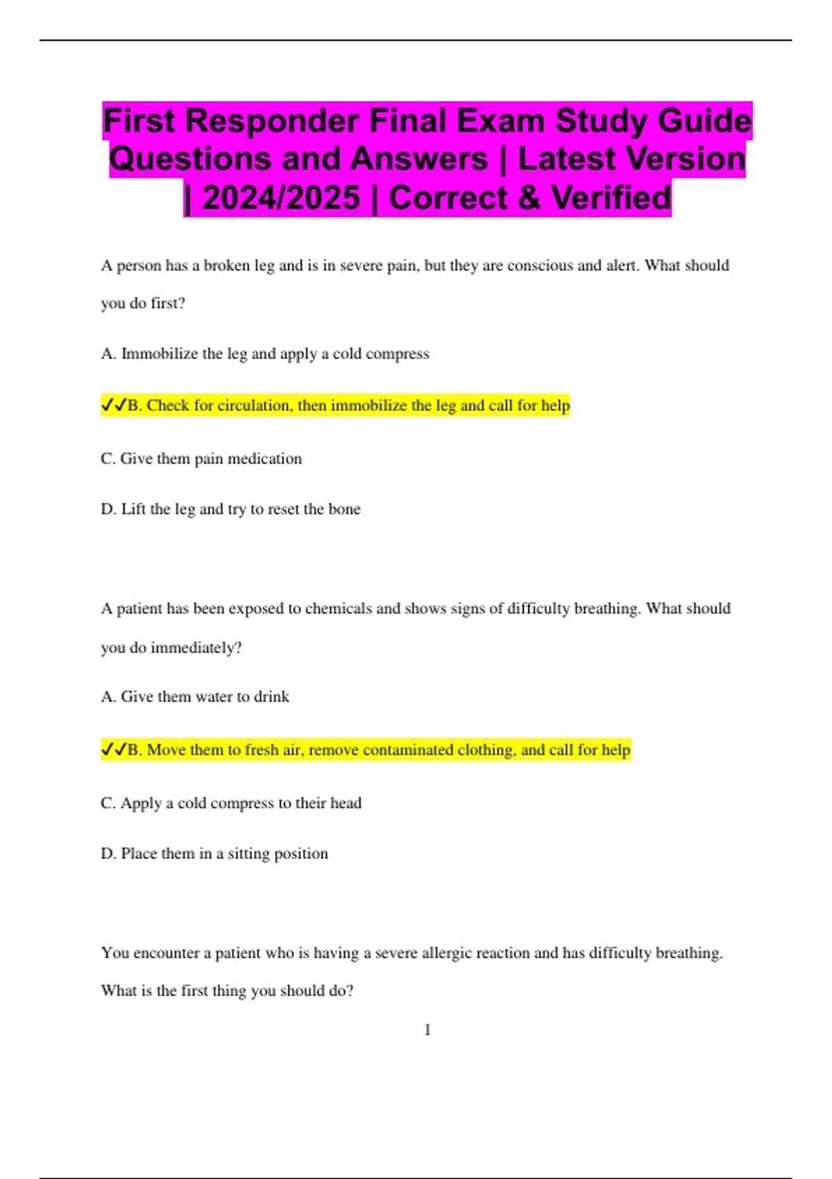 First Responder Final Exam Study Guide Questions and Answers | Latest ...