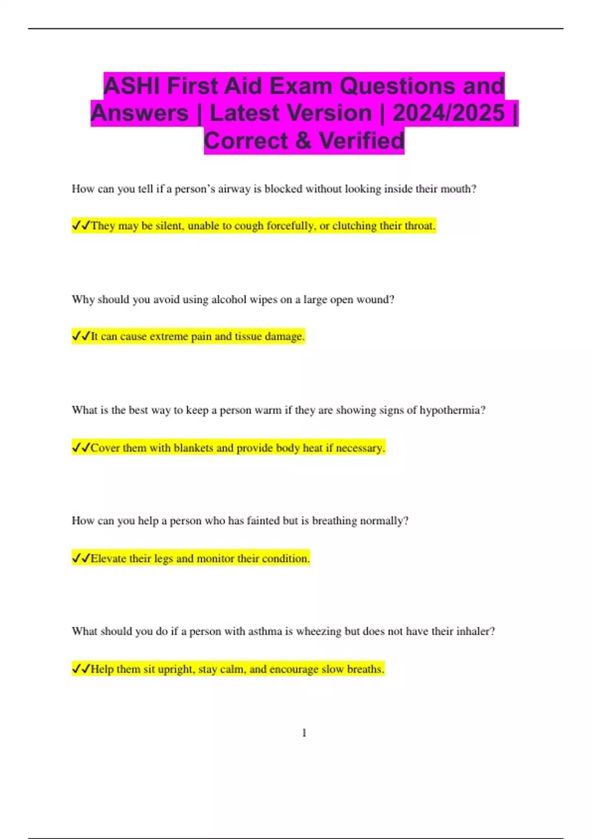 ASHI First Aid Exam Questions and Answers | Latest Version | 2024/2025 ...