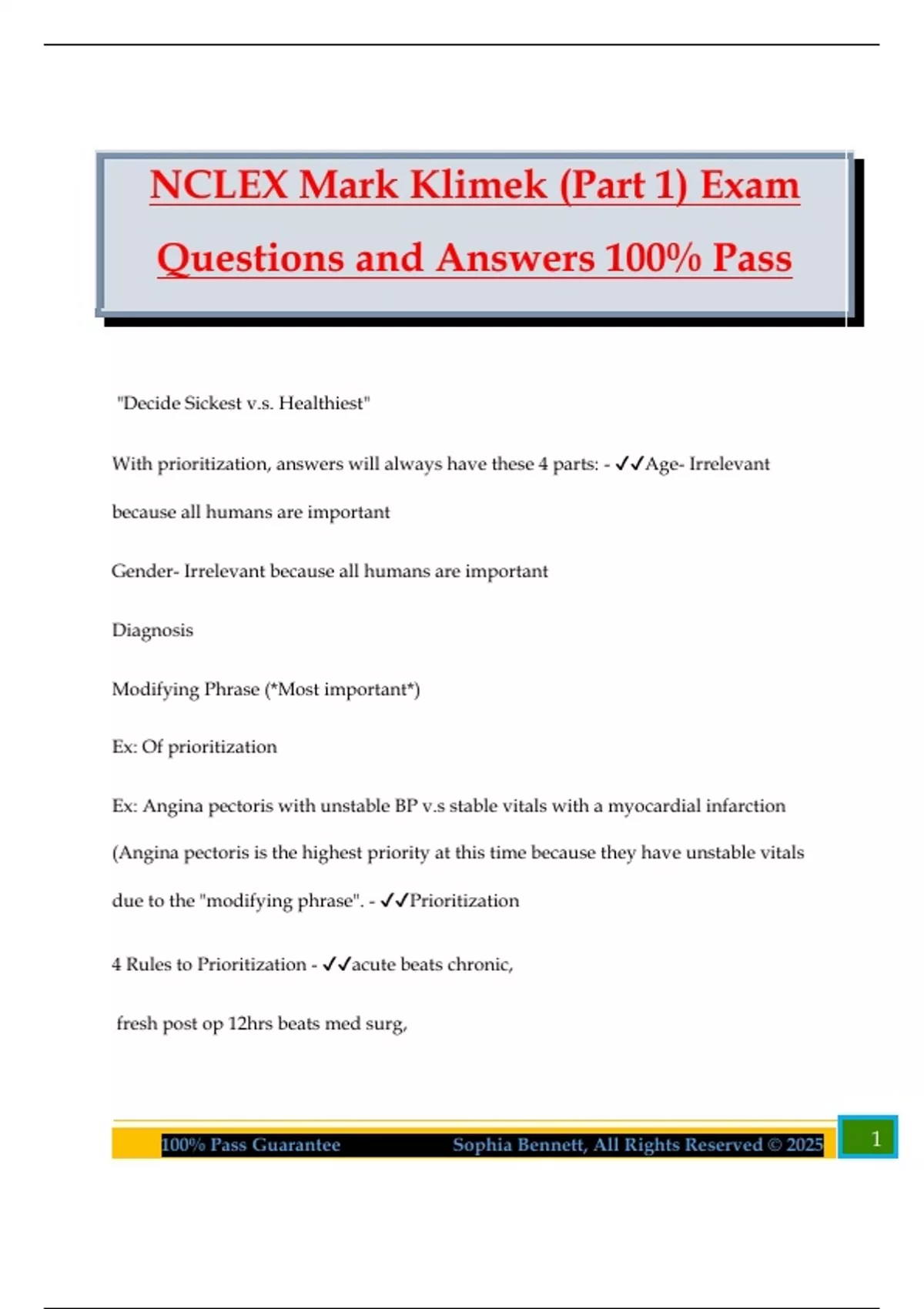 NCLEX Mark Klimek (Part 1) Exam Questions and Answers 100% Pass ...