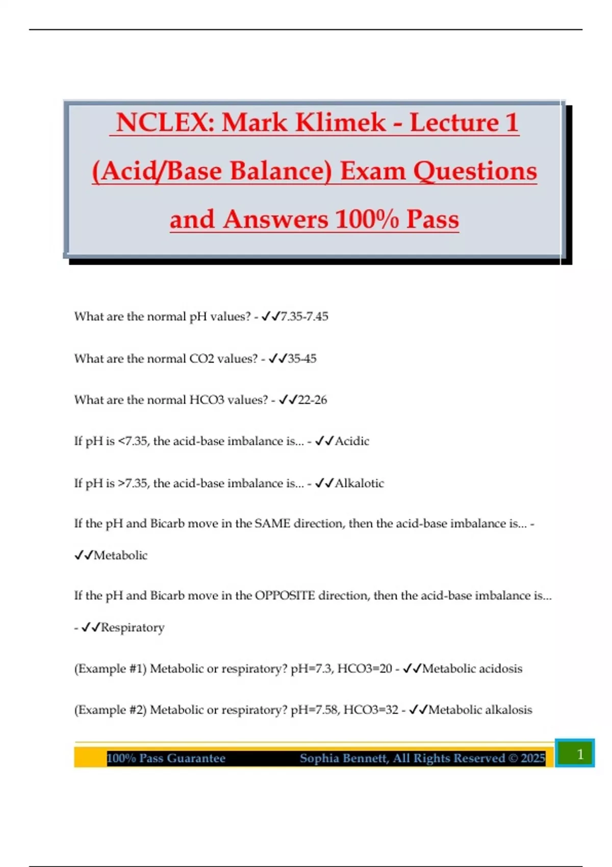 NCLEX: Mark Klimek - Lecture 1 (Acid/Base Balance) Exam Questions and ...