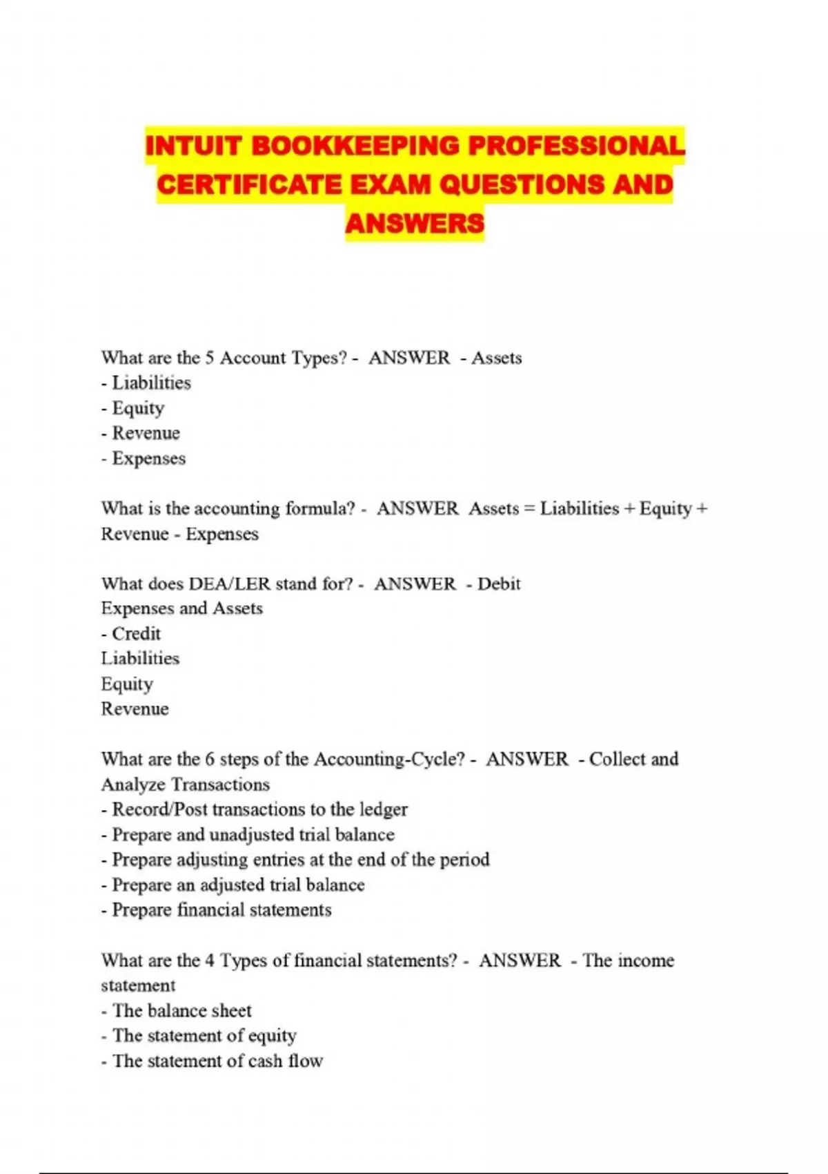 INTUIT BOOKKEEPING PROFESSIONAL CERTIFICATE EXAM QUESTIONS AND ANSWERS ...
