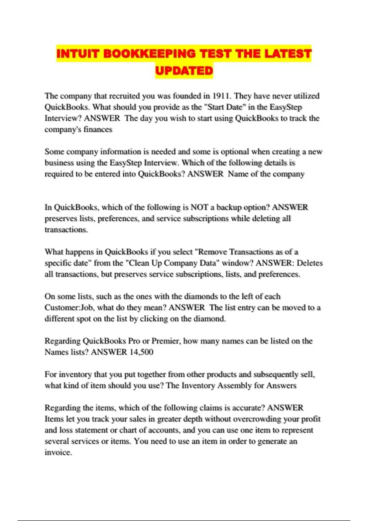 INTUIT BOOKKEEPING TEST THE LATEST UPDATED - INTUIT BOOKKEEPING - Stuvia US
