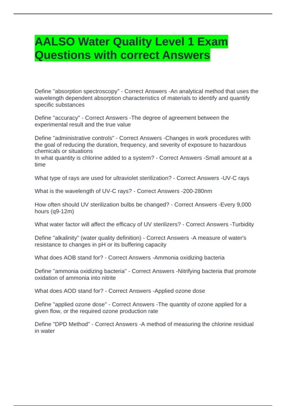 AALSO Water Quality Level 1 Exam Questions with correct Answers - AALSO - Stuvia US