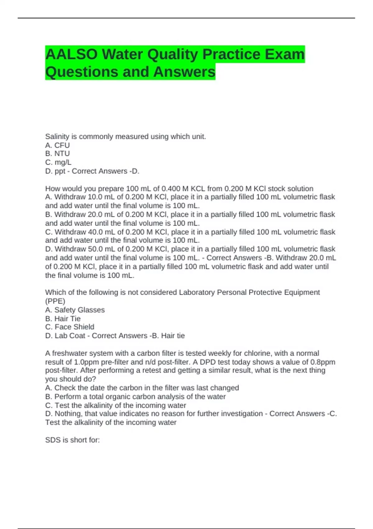 AALSO Water Quality Practice Exam Questions and Answers - AALSO - Stuvia US