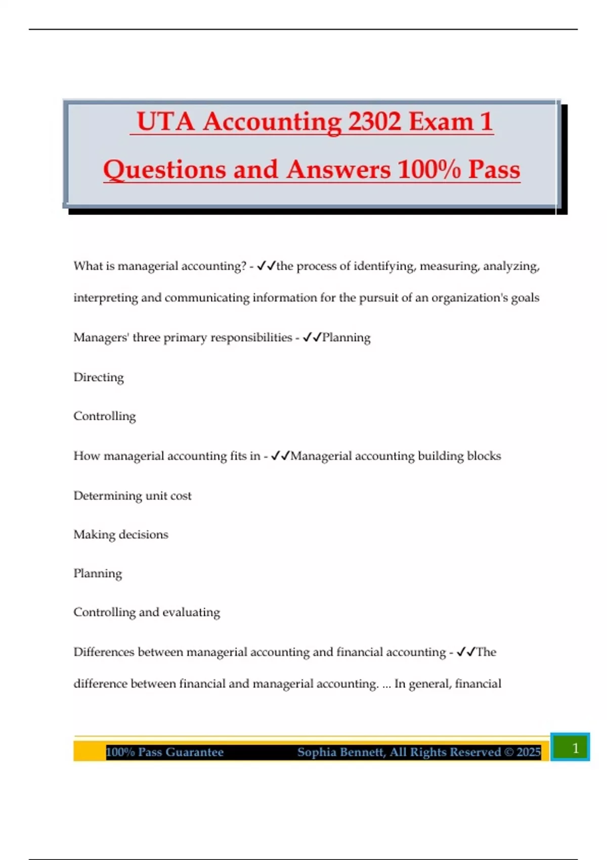 UTA Accounting 2302 Exam 1 Questions and Answers 100% Pass - UTA ...