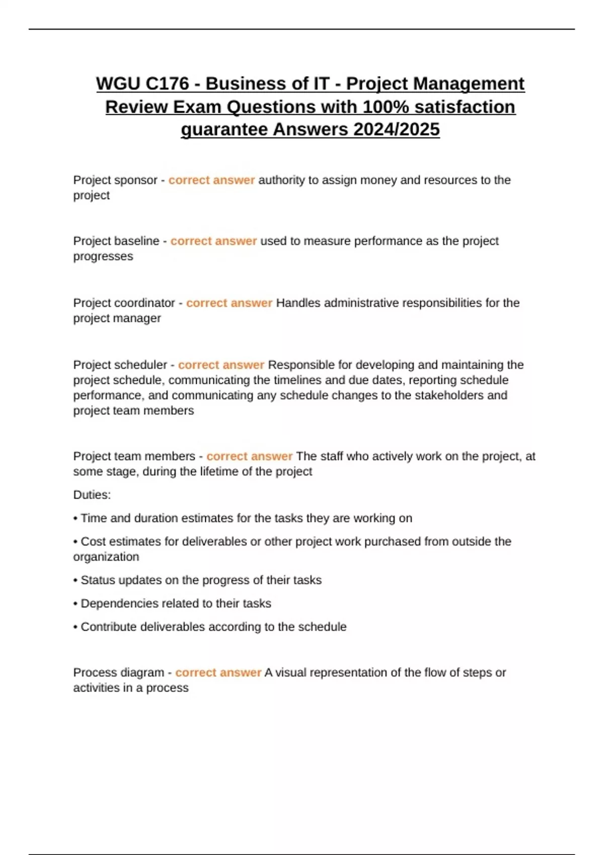 WGU C176 - Business of IT - Project Management Review Exam Questions with 100% satisfaction ...