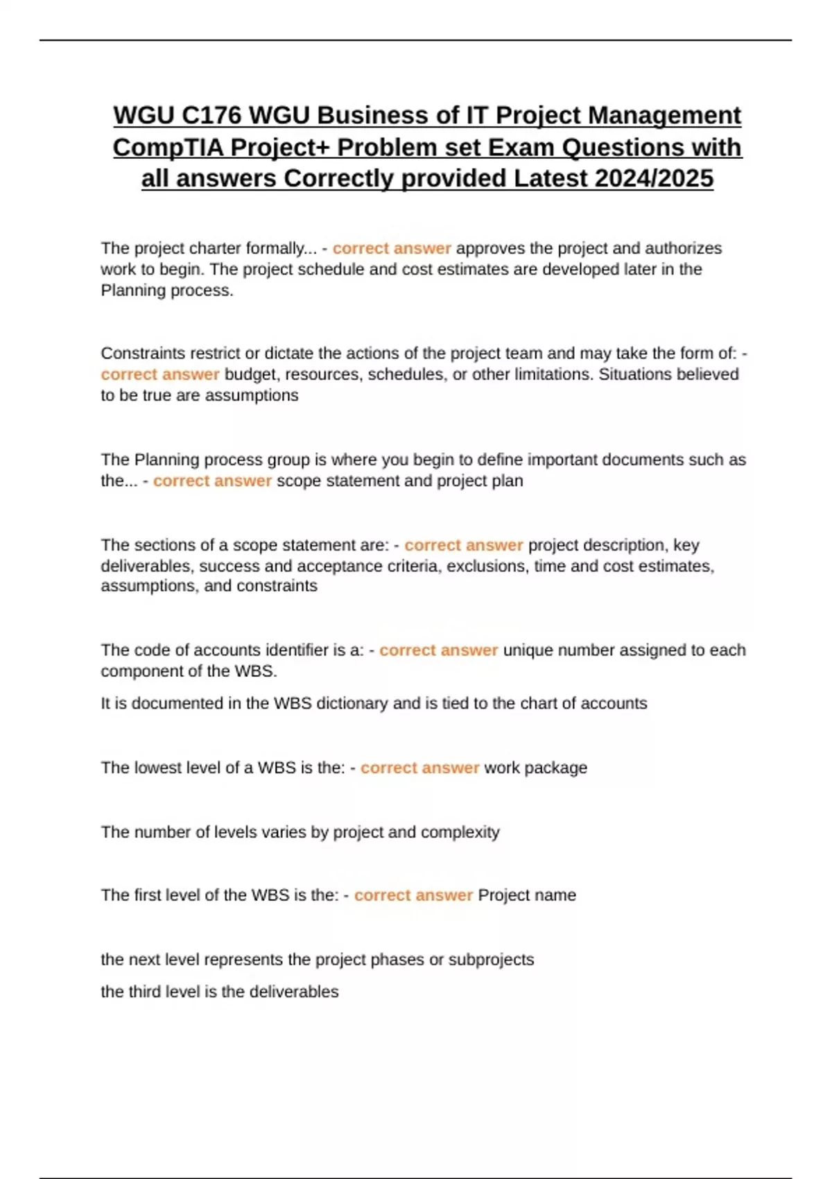 WGU C176 WGU Business of IT Project Management CompTIA Project+ Problem set Exam Questions with ...