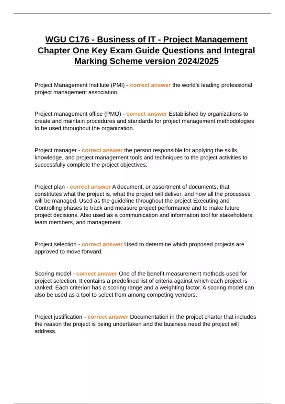 WGU C176 - Business of IT - Project Management Chapter One Key Exam Guide Questions and Integral ...