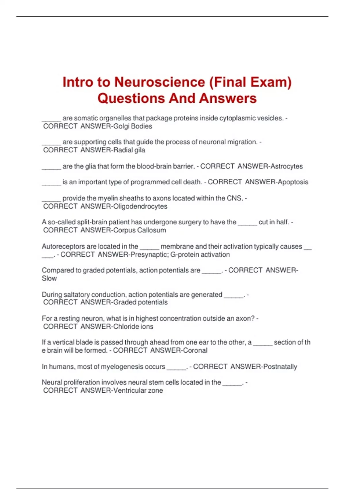 Intro to Neuroscience (Final Exam) Questions And Answers - Intro to ...