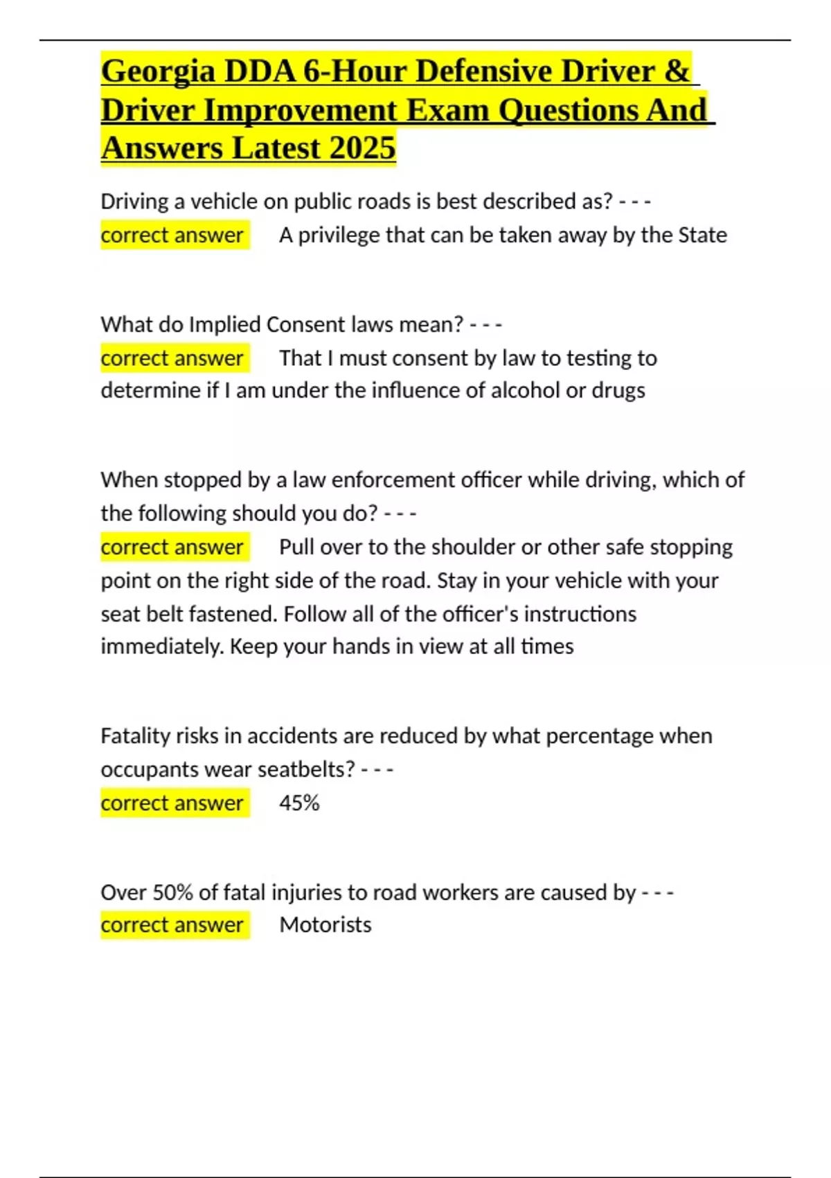 Defensive Driving Course Exam Package Deal With 100% Correct Answers ...