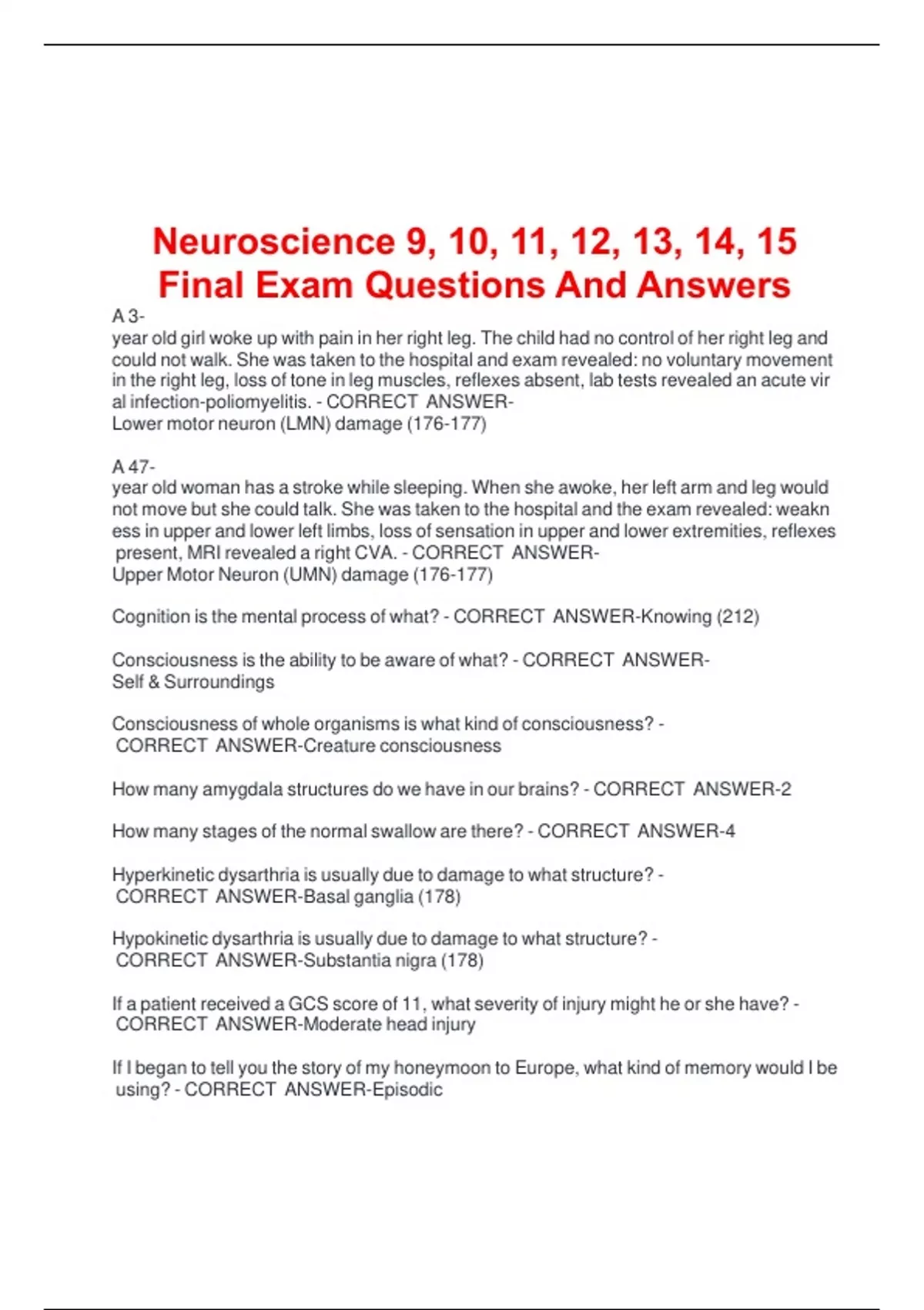 Neuroscience 9, 10, 11, 12, 13, 14, 15 Final Exam Questions And Answers ...