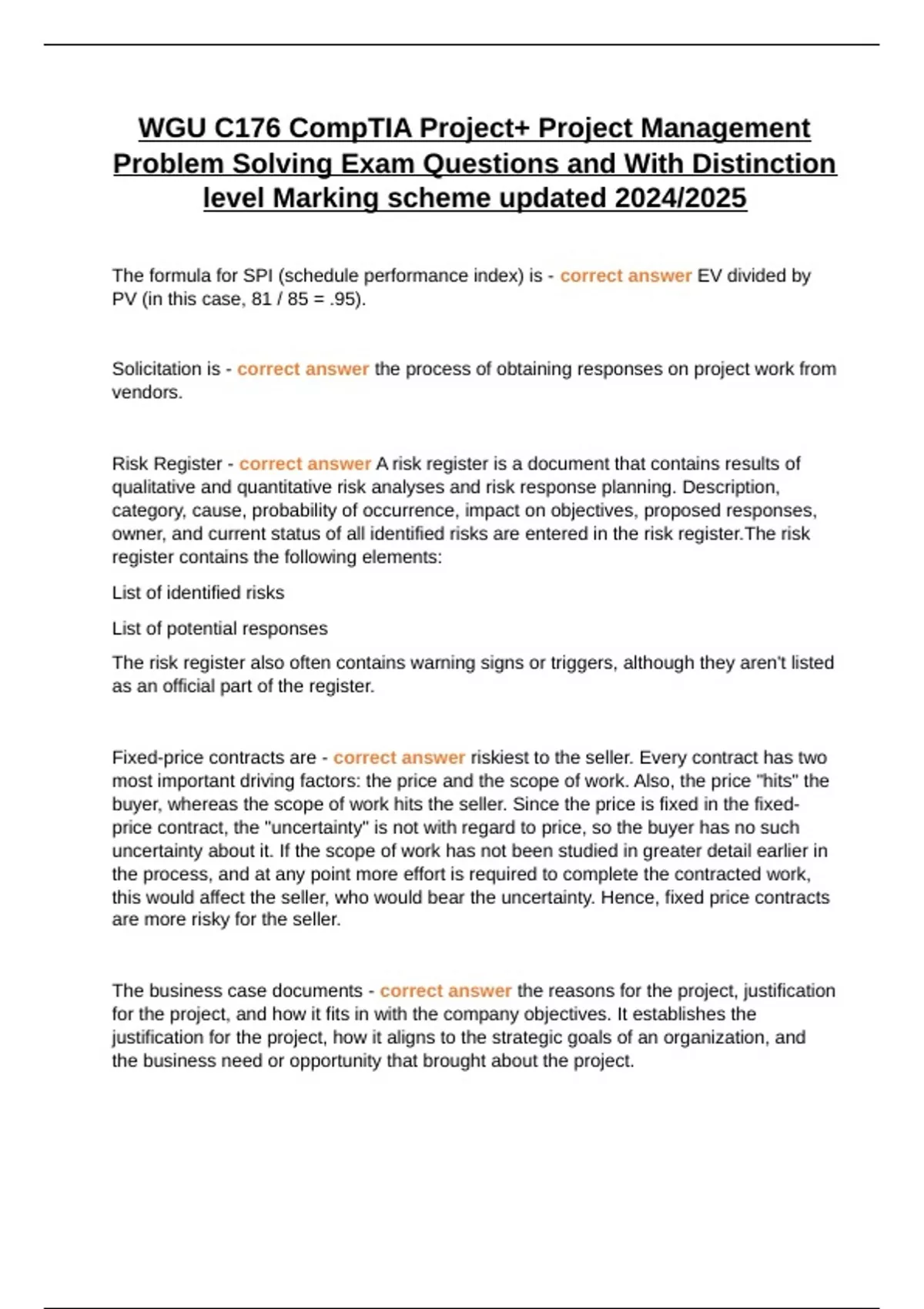 WGU C176 CompTIA Project+ Project Management Problem Solving Exam Questions and With Distinction ...