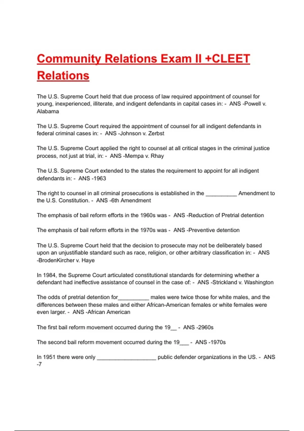 Community Relations Exam II +CLEET Relations Questions with correct ...