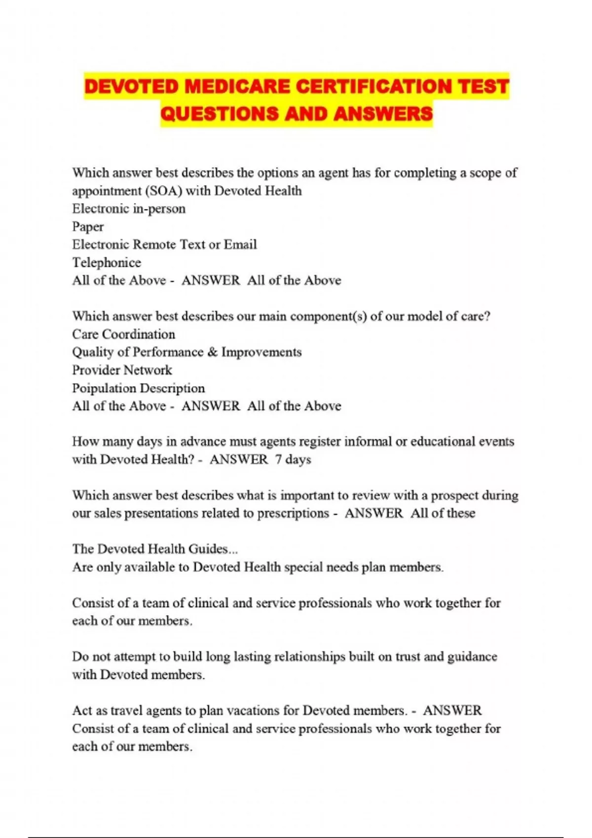 DEVOTED MEDICARE CERTIFICATION TEST QUESTIONS AND ANSWERS - DEVOTED ...