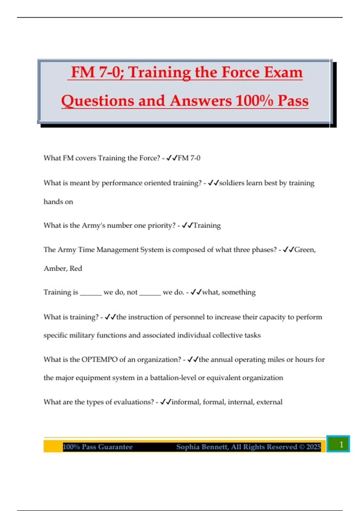 FM 7-0; Training the Force Exam Questions and Answers 100% Pass - Fms - Stuvia US