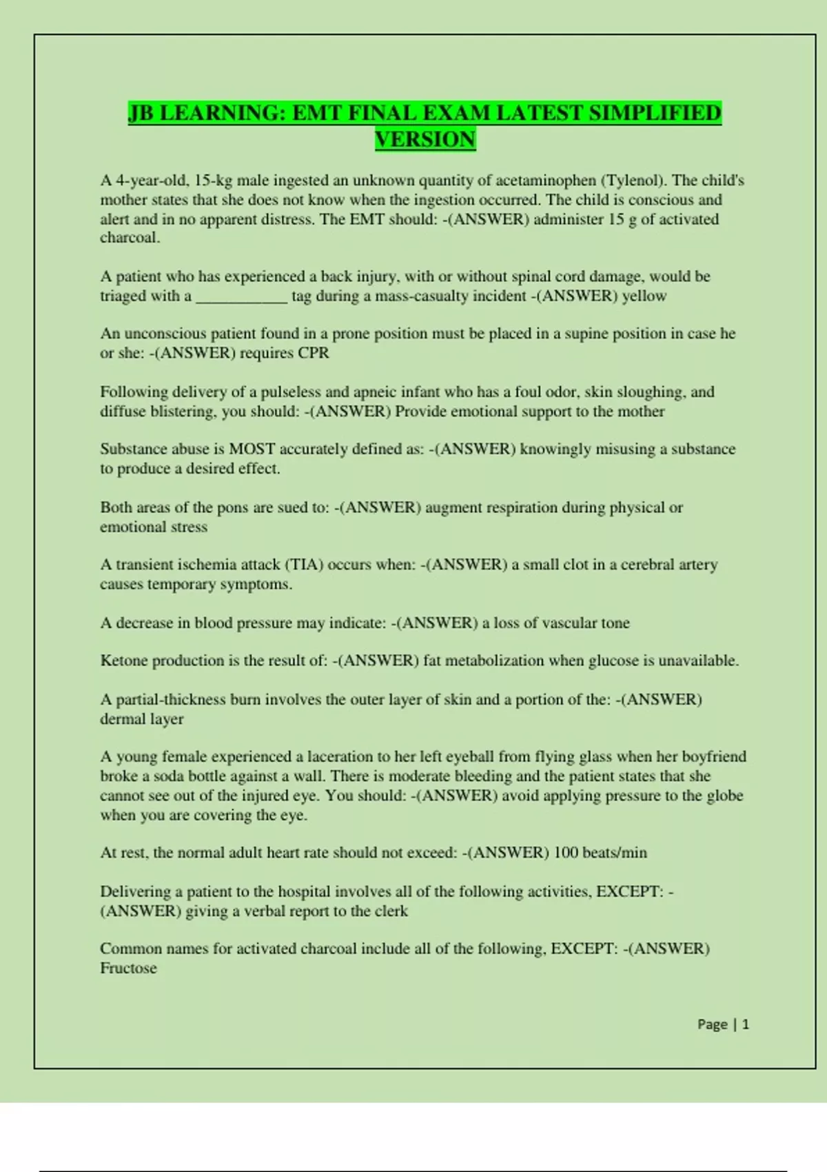 JB LEARNING: EMT FINAL EXAM LATEST SIMPLIFIED VERSION - JB LEARNING ...