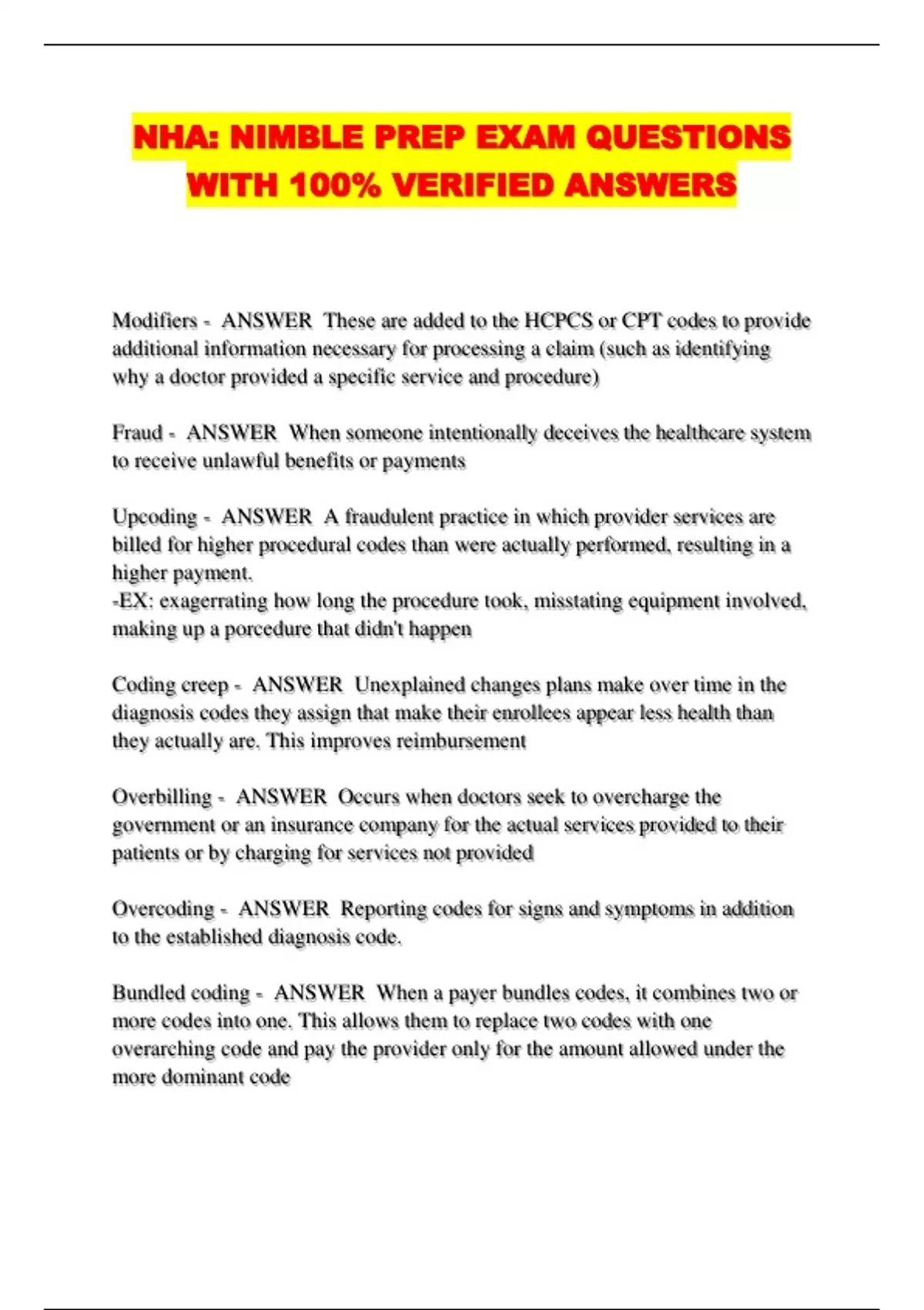 NHA: NIMBLE PREP EXAM QUESTIONS WITH 100% VERIFIED ANSWERS - NHA ...