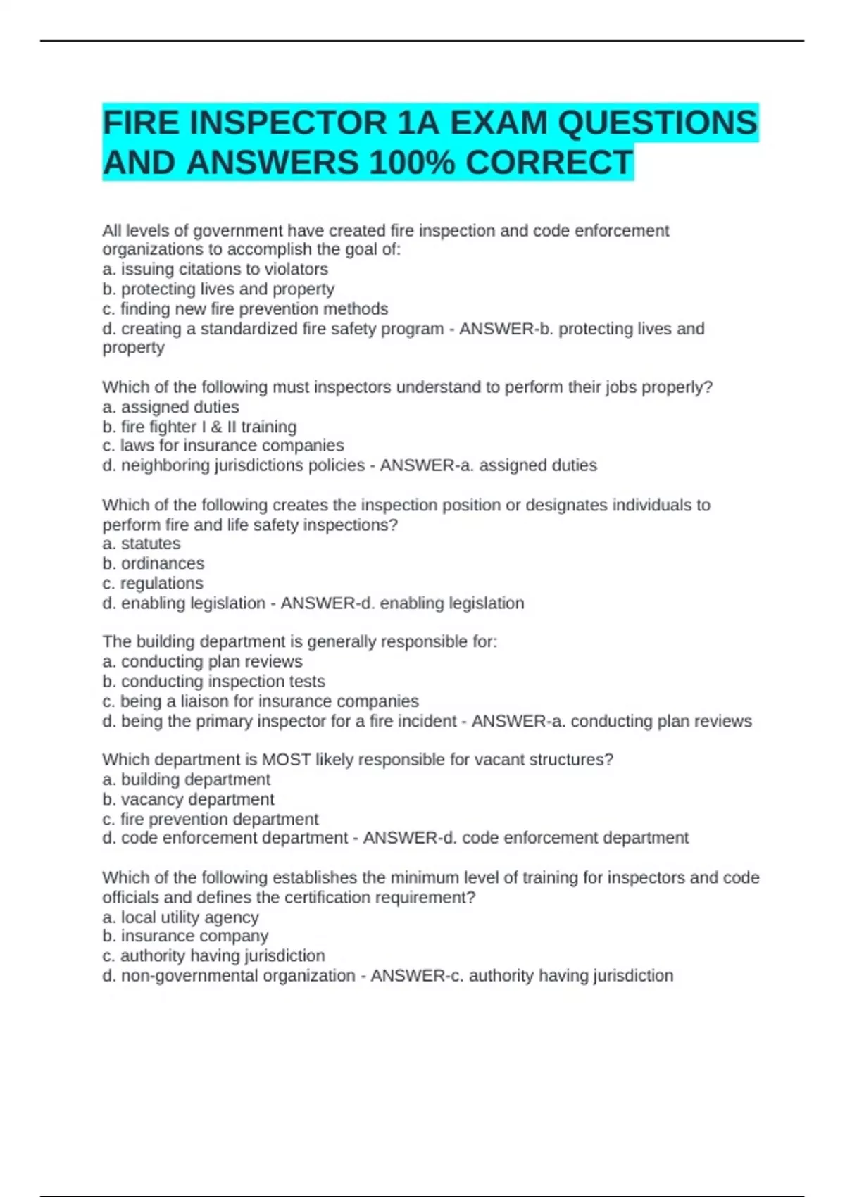 FIRE INSPECTOR 1A EXAM QUESTIONS AND ANSWERS 100% CORRECT - FIRE ...