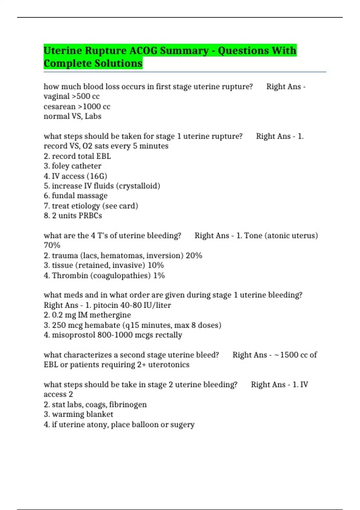 Uterine Rupture ACOG Summary - Questions With Complete Solutions - ACOG ...