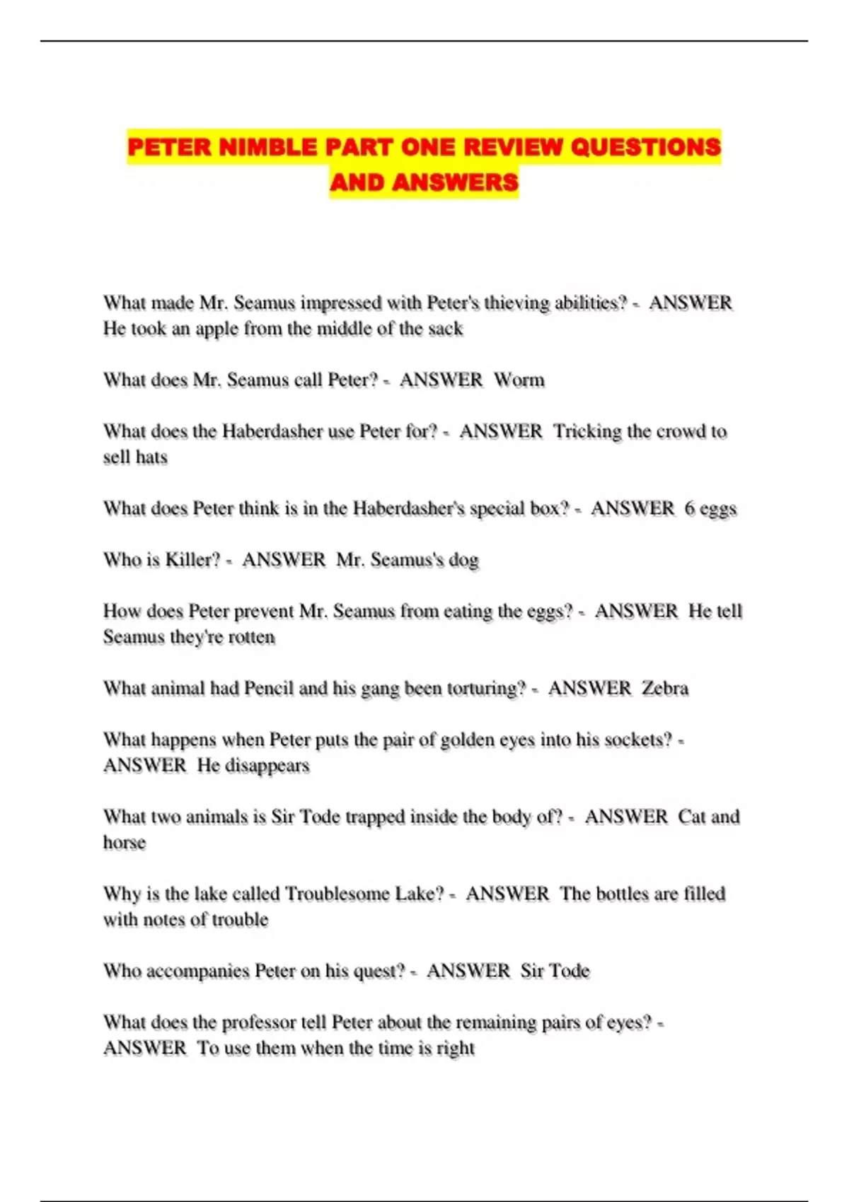 PETER NIMBLE PART ONE REVIEW QUESTIONS AND ANSWERS - NIMBLE - Stuvia US