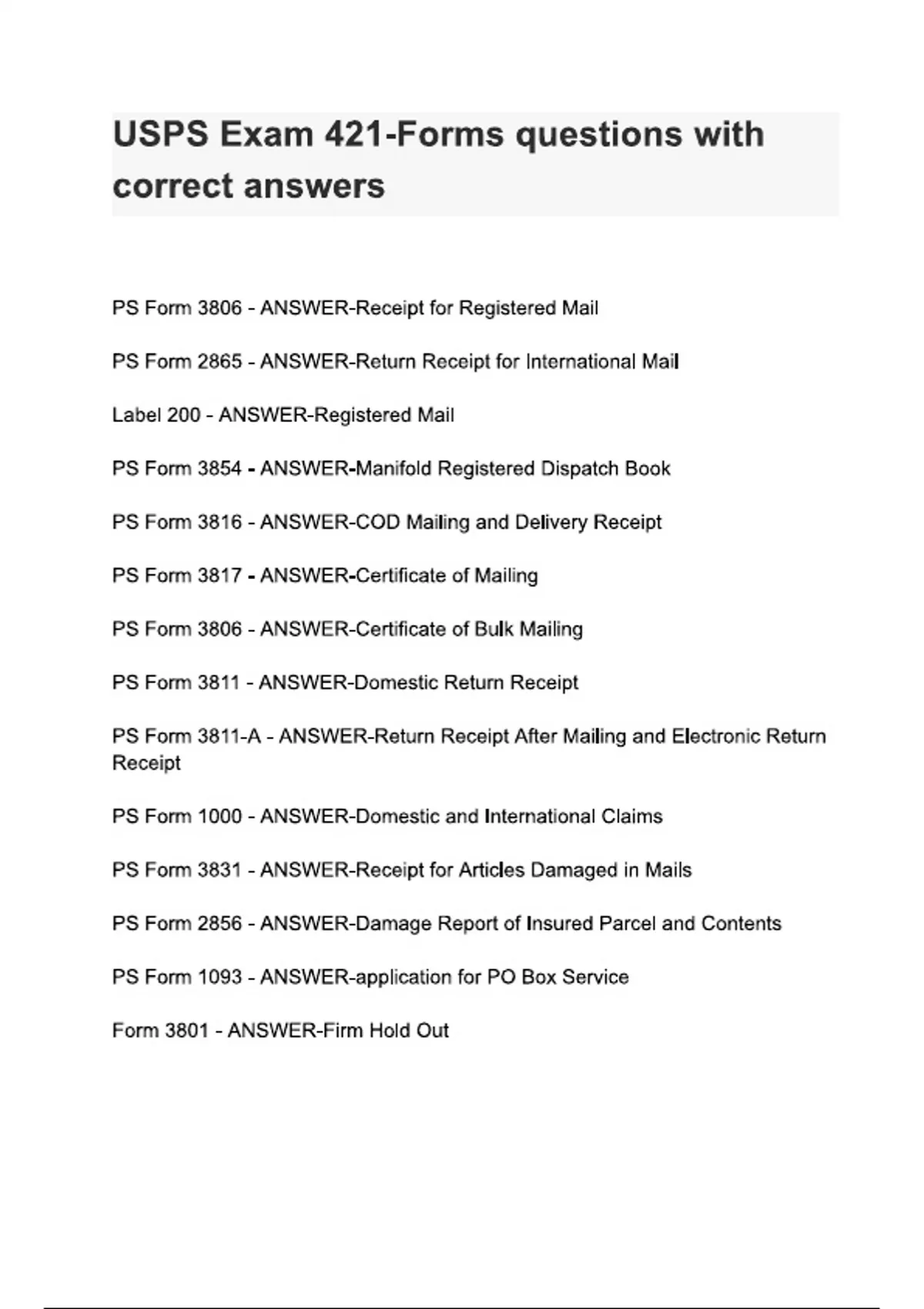 USPS Exam 421-Forms questions with correct answers - USPS 421 - Stuvia US