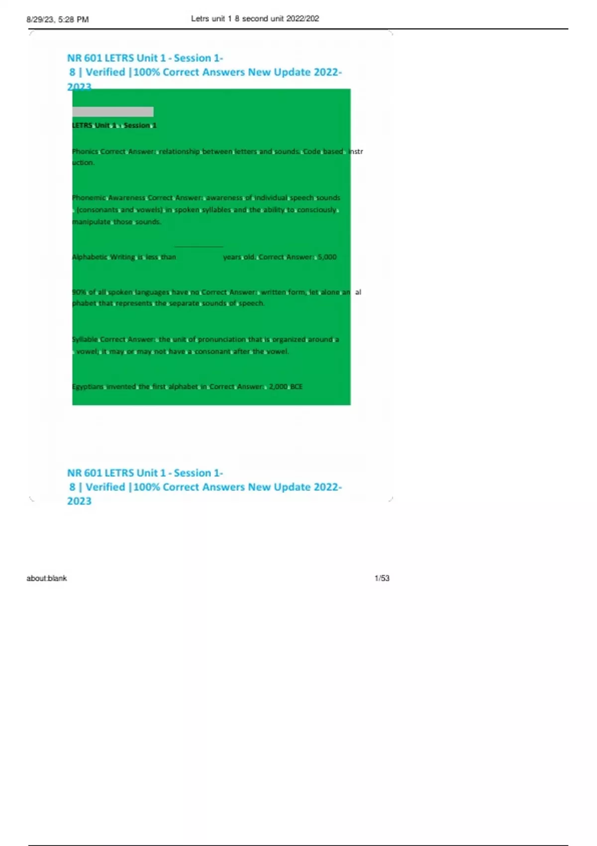 (complete LETRS Unit 1 - Sessions) LETRS Unit 1 Sessions 1-8 Assessment ...