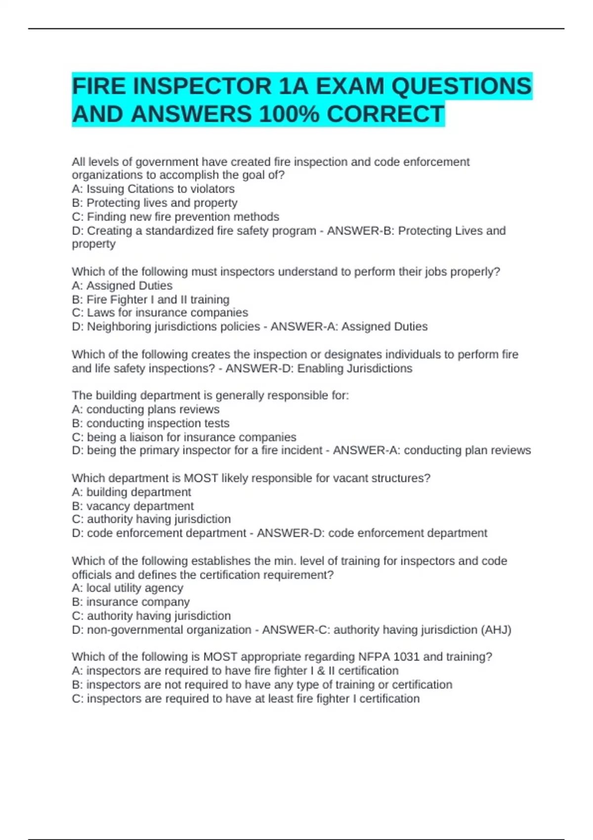 FIRE INSPECTOR 1A EXAM QUESTIONS AND ANSWERS 100% CORRECT - FIRE ...