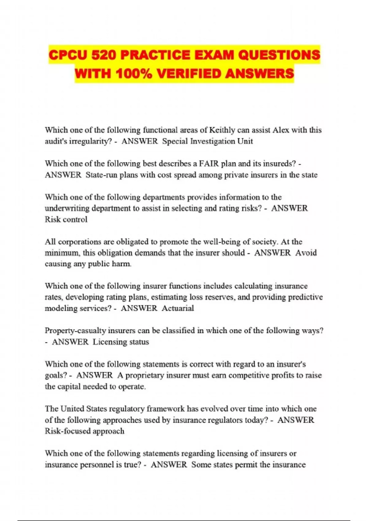 CPCU 520 PRACTICE EXAM QUESTIONS WITH 100% VERIFIED ANSWERS - CPCU 520 ...