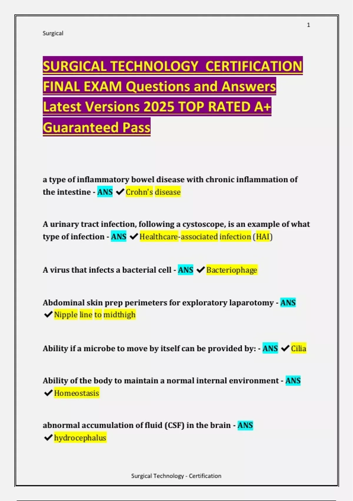 SURGICAL TECHNOLOGY CERTIFICATION FINAL EXAM Questions and Answers ...