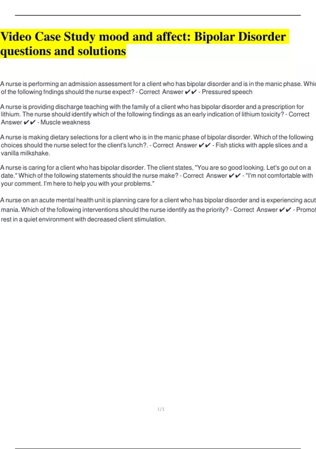 Video Case Study mood and affect: Bipolar Disorder questions and solutions - Video Case Study ...