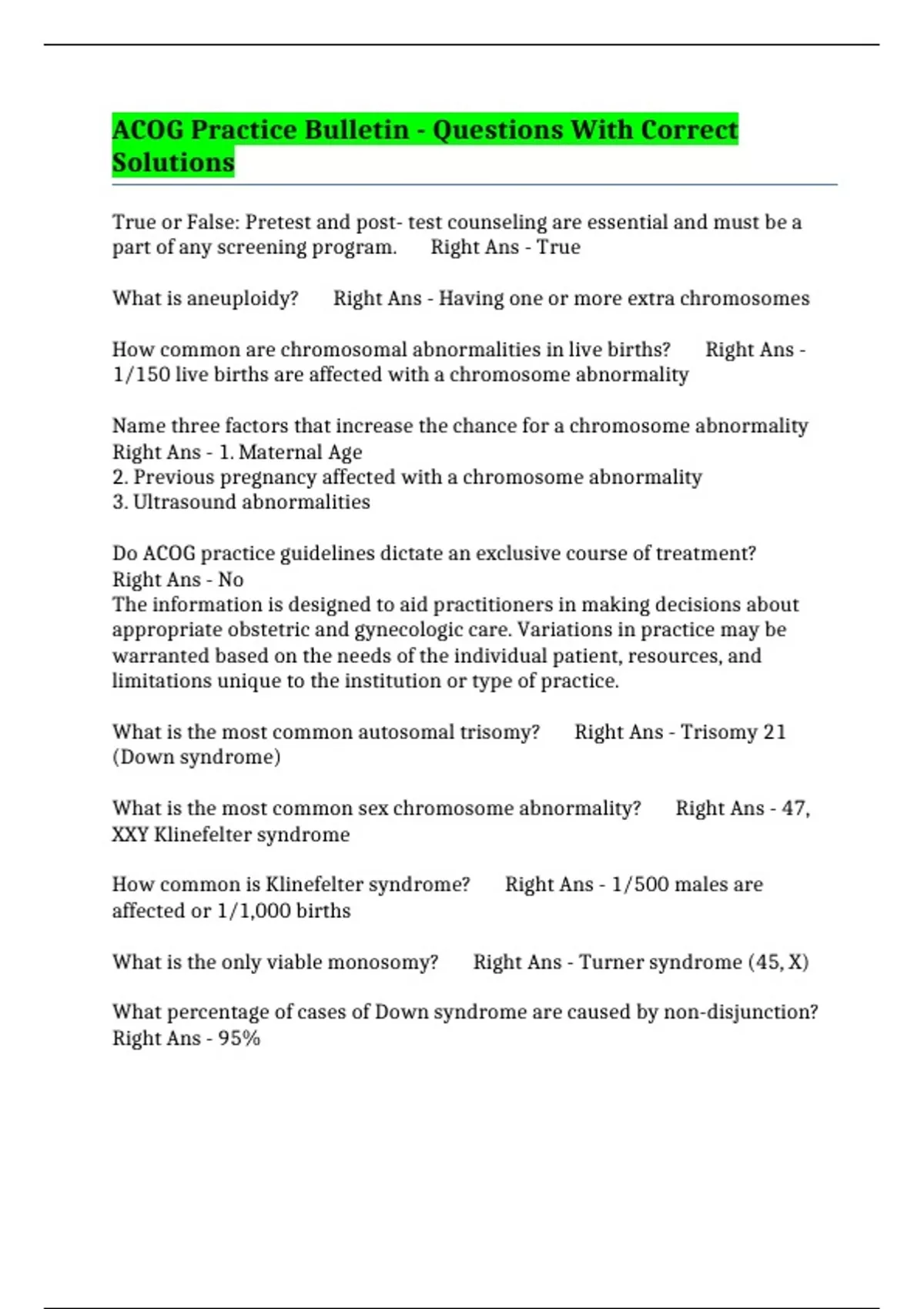 ACOG Practice Bulletin - Questions With Correct Solutions - ACOG ...