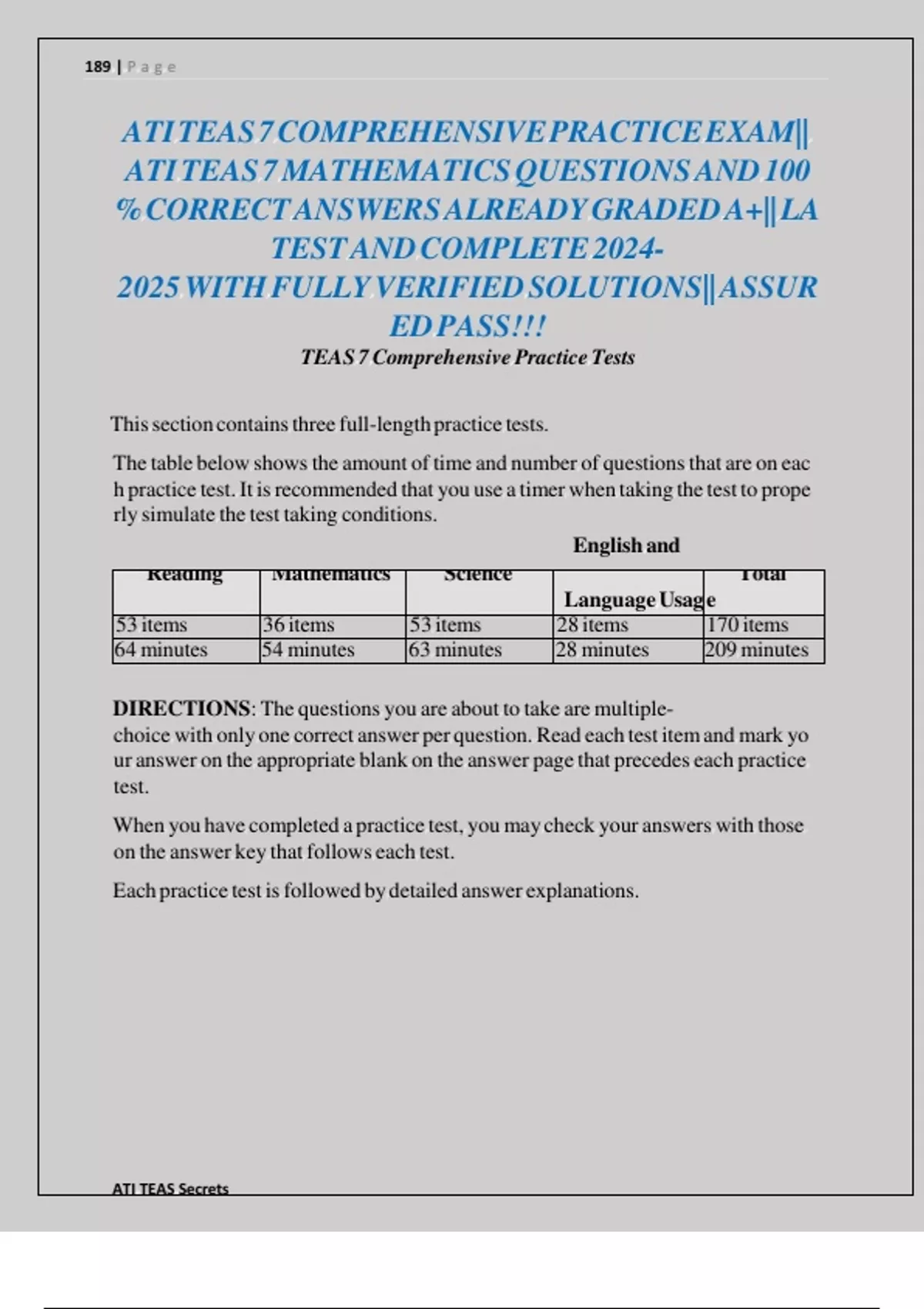 ATI TEAS 7 Comprehensive Practice Exam (100- Verified Q & A) (Covers ...