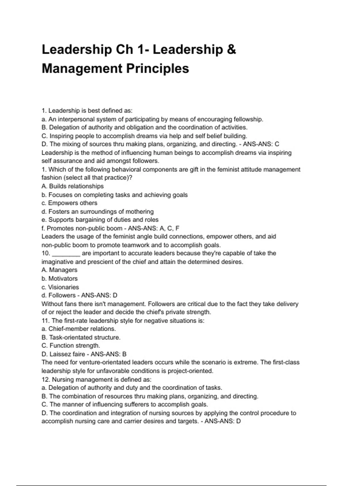 Leadership Ch 1- Leadership & Management Principles (2025/2026 Newest ...