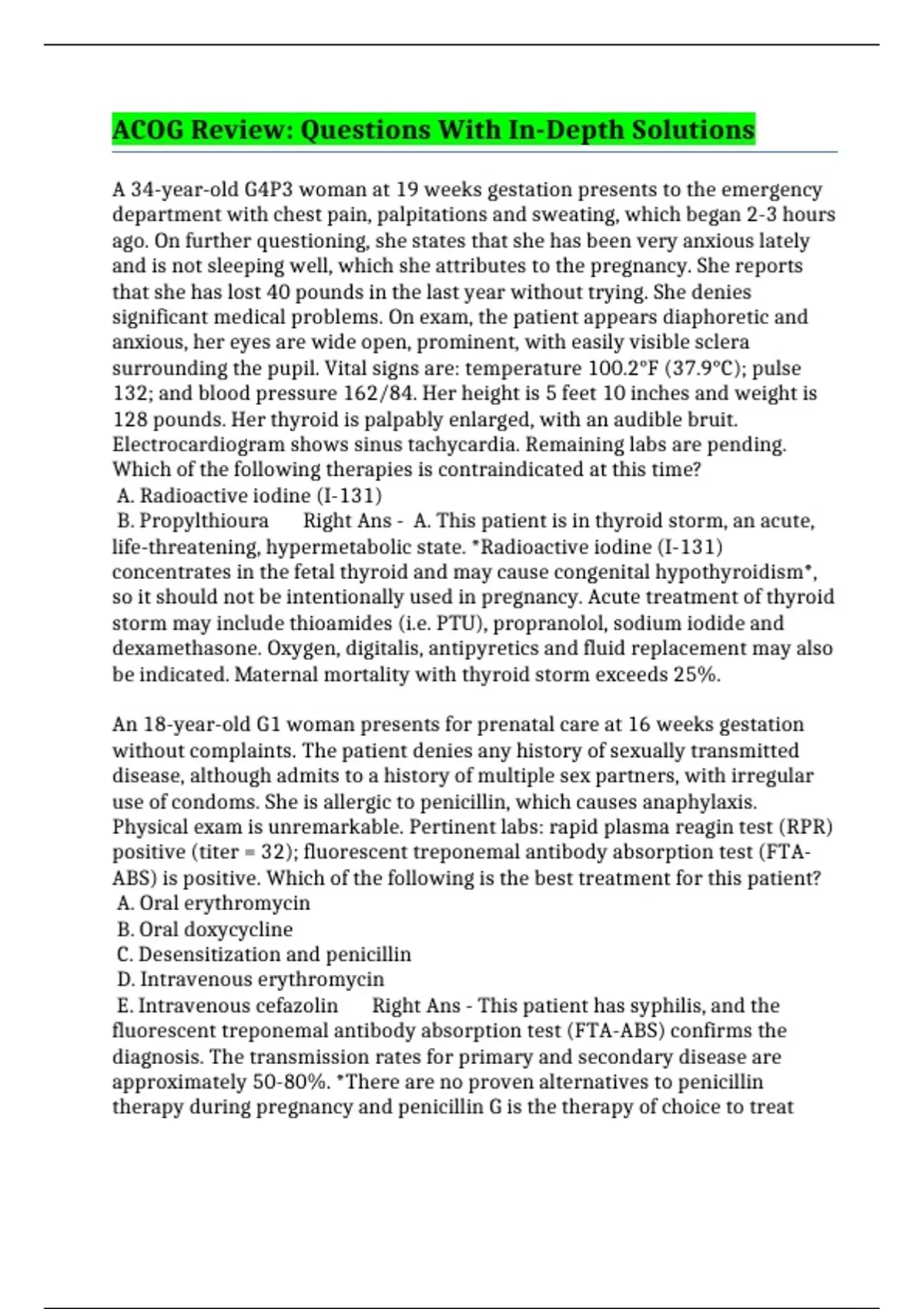 ACOG Review: Questions With In-Depth Solutions - ACOG - Stuvia US