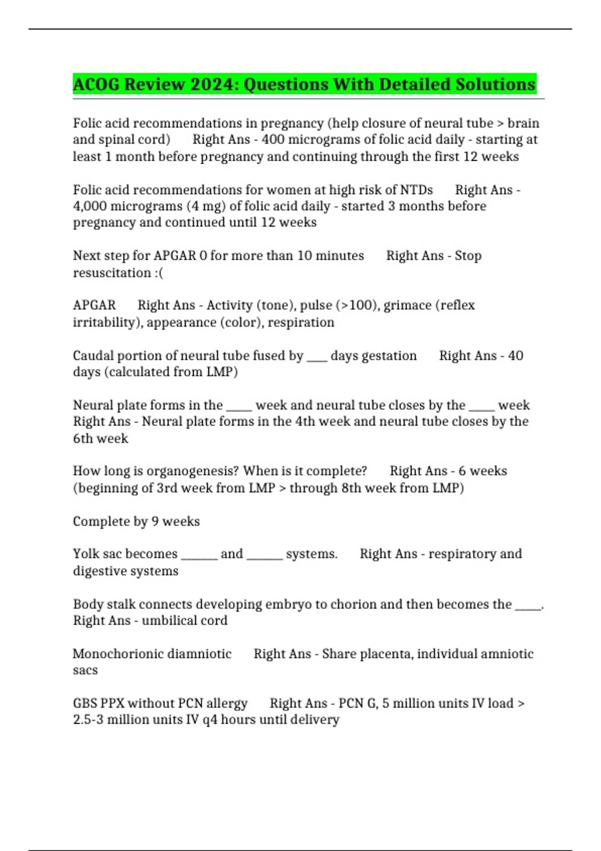 ACOG Review 2024: Questions With Detailed Solutions - ACOG - Stuvia US