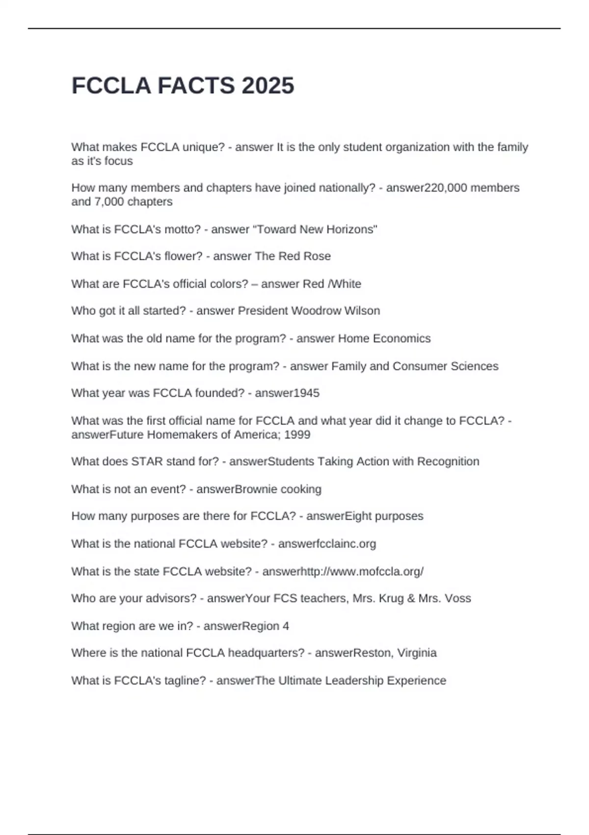 FCCLA FACTS 2025 QUESTIONS WITH SOLUTIONS - FCCLA - Stuvia US