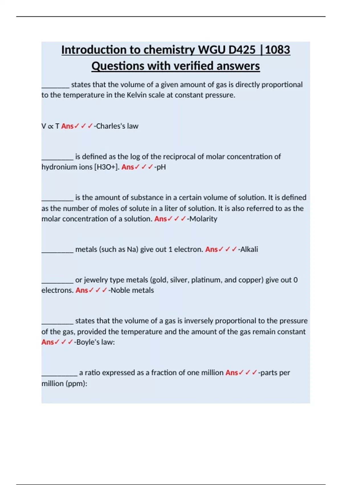 Introduction to chemistry WGU D425 |1083 Questions with verified ...