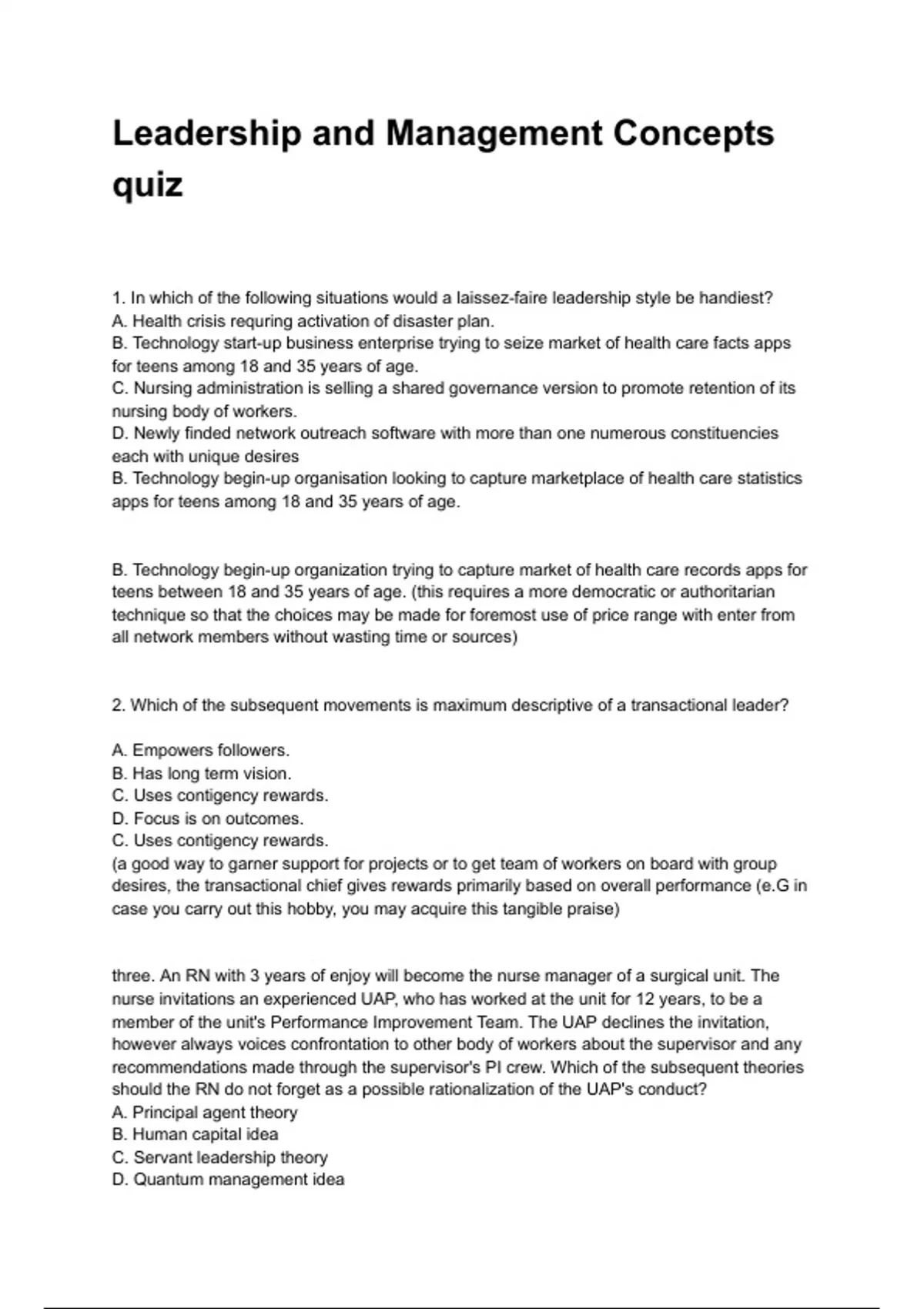 Leadership and Management Concepts quiz (2025/2026 Newest Update) COMPLETE QUESTIONS AND ...