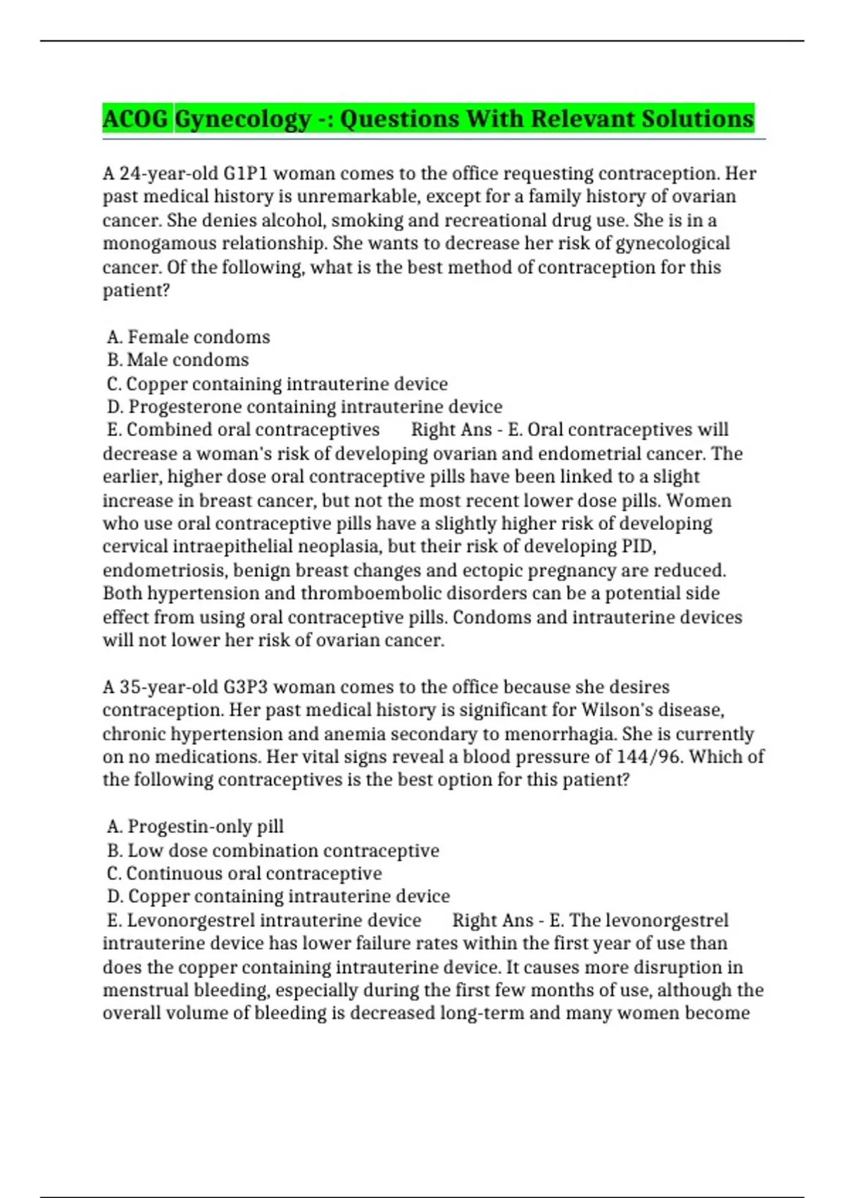 ACOG Gynecology -: Questions With Relevant Solutions - ACOG - Stuvia US