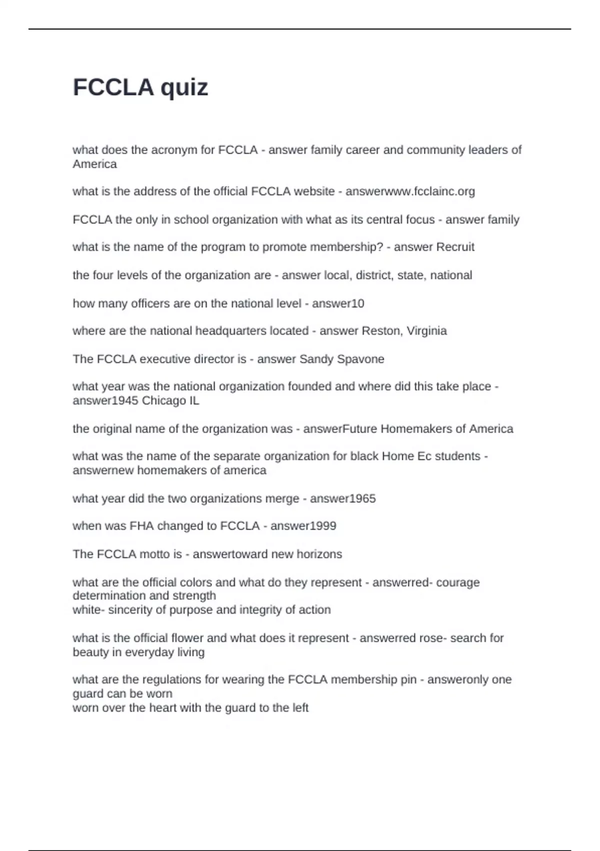 FCCLA quiz Questions and Answers 100% Correct - FCCLA - Stuvia US