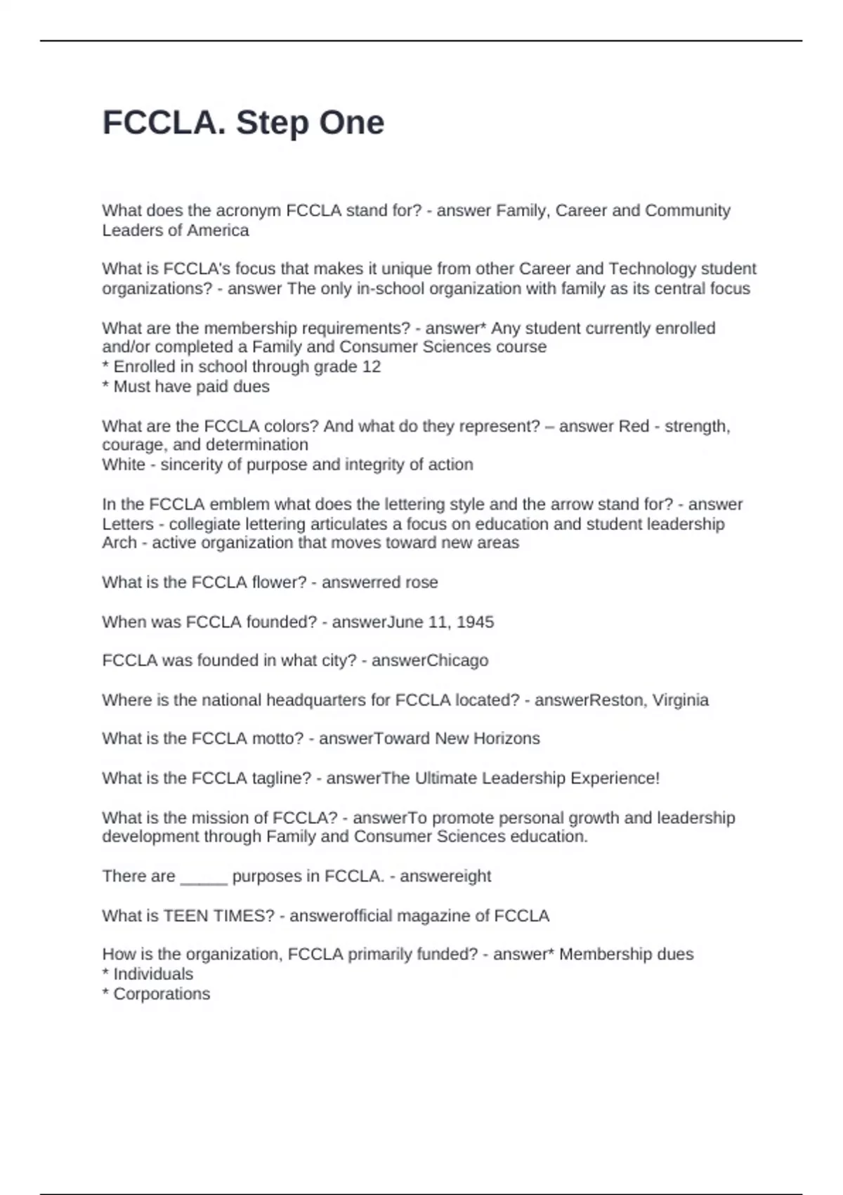 FCCLA. Step One Questions with Solutions - FCCLA - Stuvia US