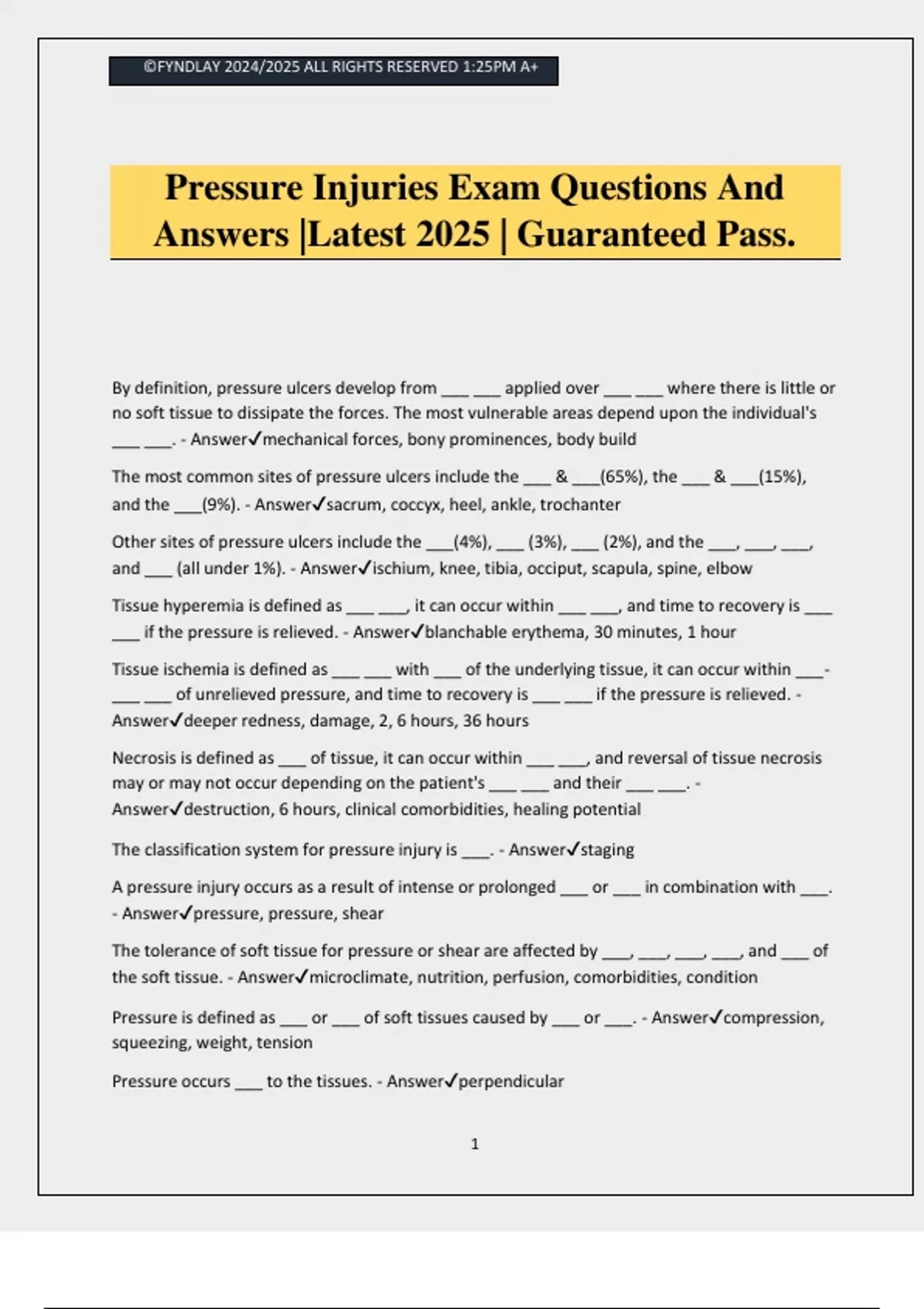Pressure Injuries Exam Questions And Answers |Latest 2025 | Guaranteed ...