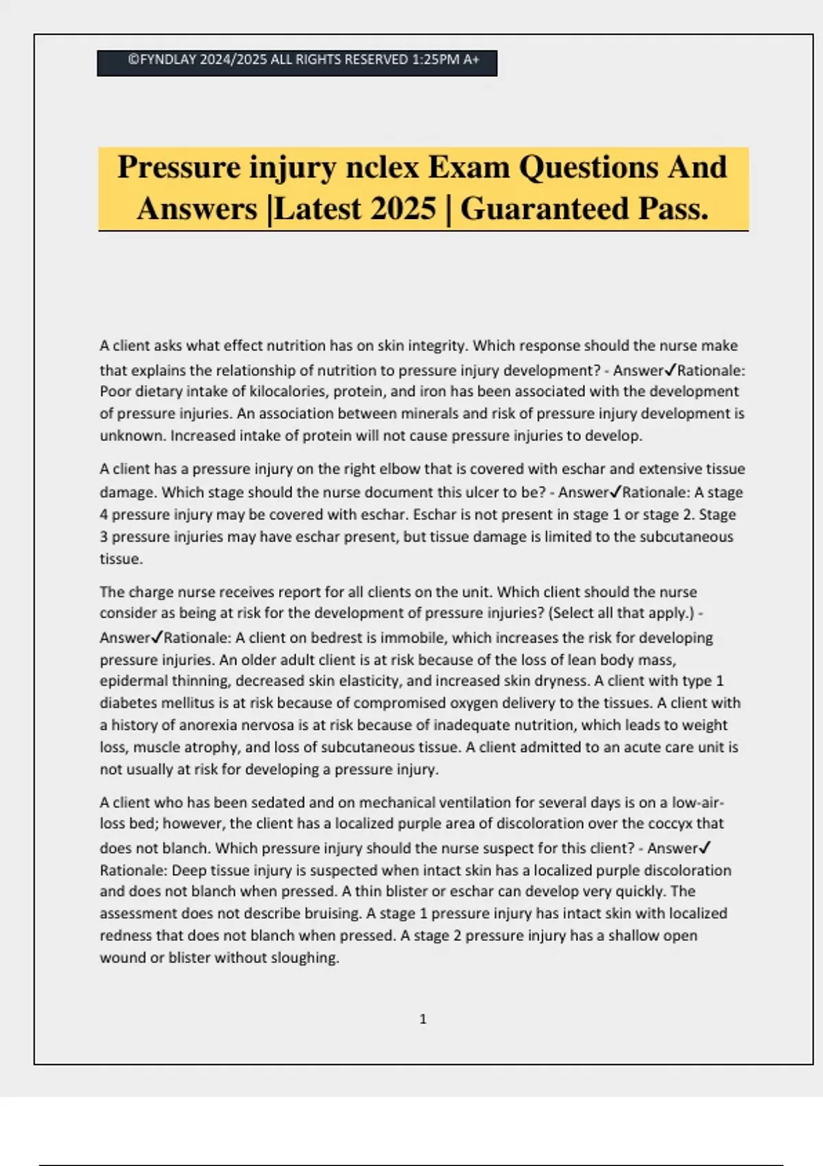 Pressure injury nclex Exam Questions And Answers |Latest 2025 ...