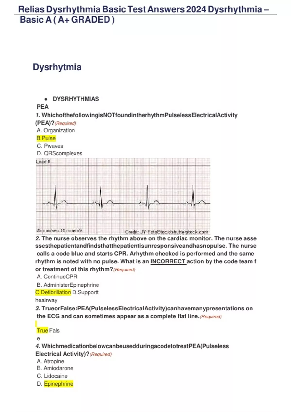 Relias Dysrhythmia Basic Test Answers Solution guide 2021.pdf - Relias ...
