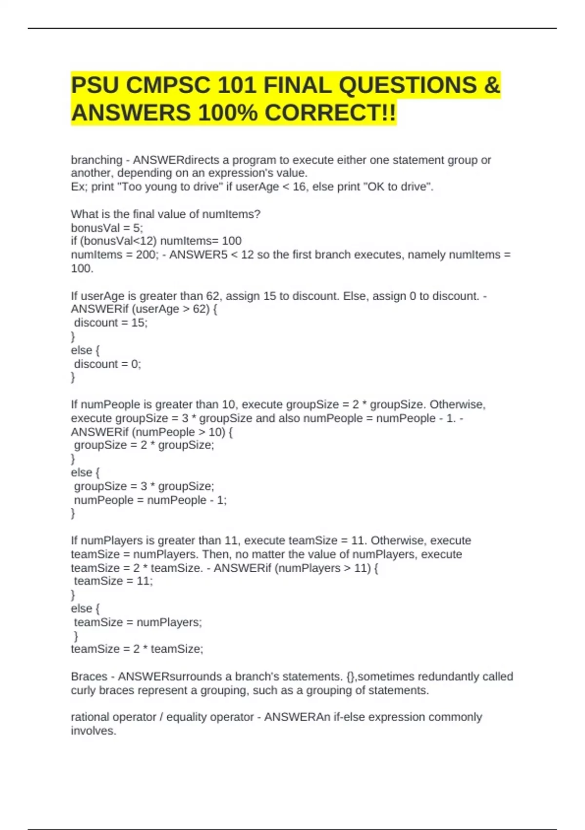 PSU CMPSC 101 FINAL QUESTIONS & ANSWERS 100% CORRECT!! - PSU CMPSC 101 - Stuvia US