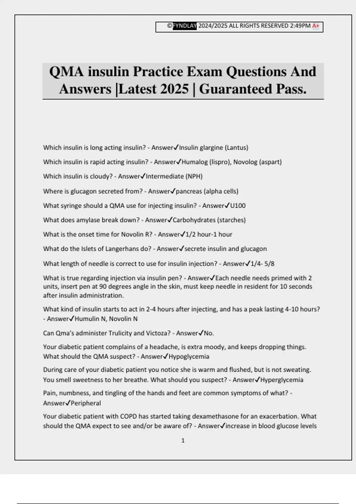 QMA insulin Practice Exam Questions And Answers |Latest 2025 ...